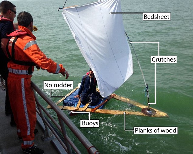 Afghan trying to sail to England on a raft made from six planks of wood ...