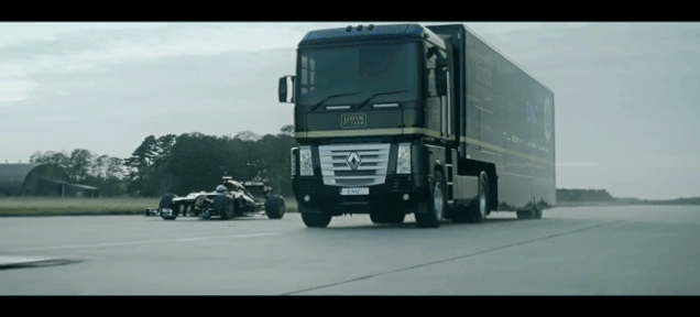 Video shows truck jumping Formula 1 car in record breaking stunt