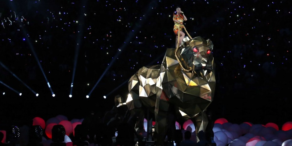 Katy Perry rode into the Super Bowl halftime show on a giant robotic tiger